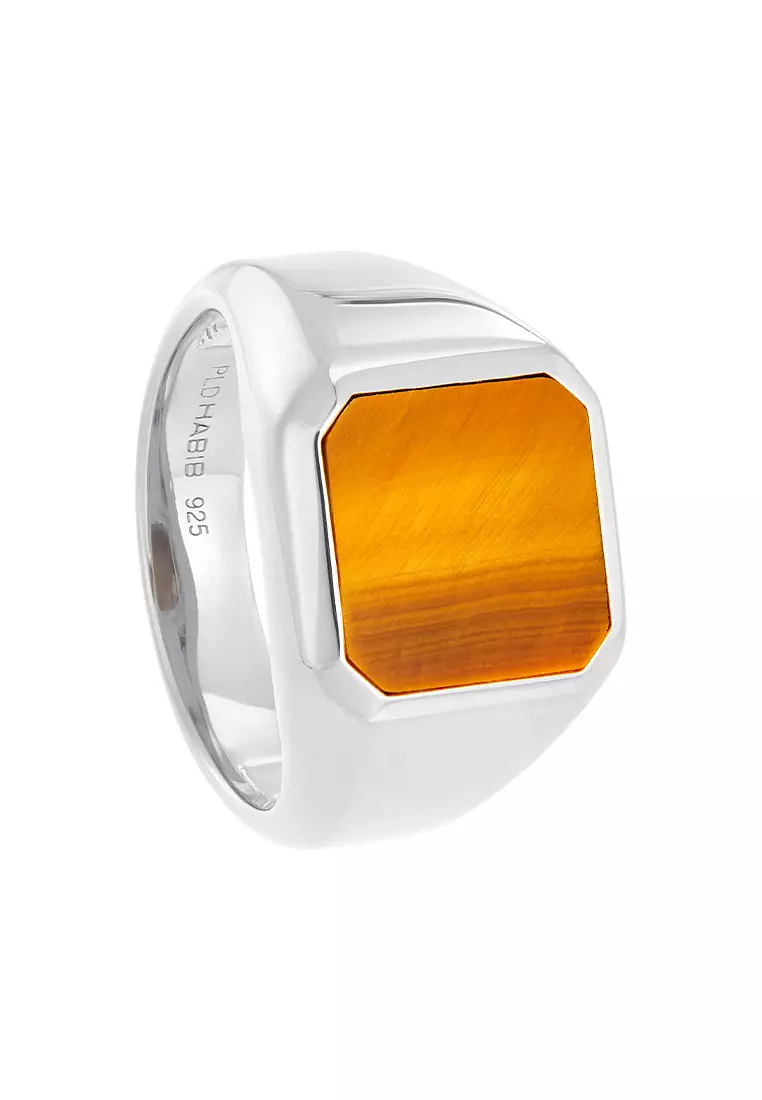 HABIB HABIB Square Tiger Eyes Men's Ring in 925 Silver Palladium ...