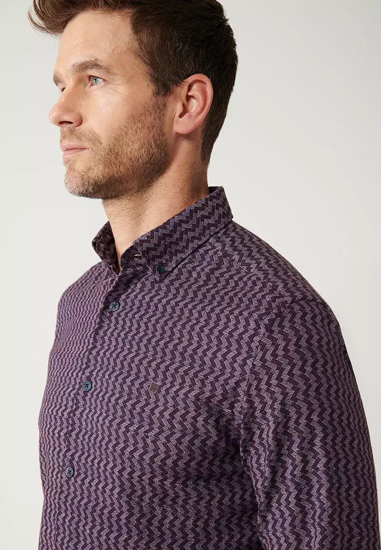 Buy Avva Men's Claret Red Buttoned Collar Patterned Flexible Cotton ...