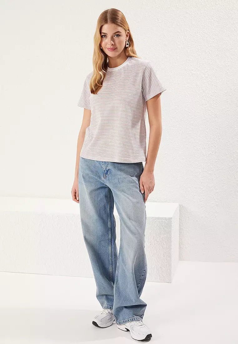 Buy Trendyol Mink Ecru Striped Basic Regular/Normal Pattern Crew Neck ...