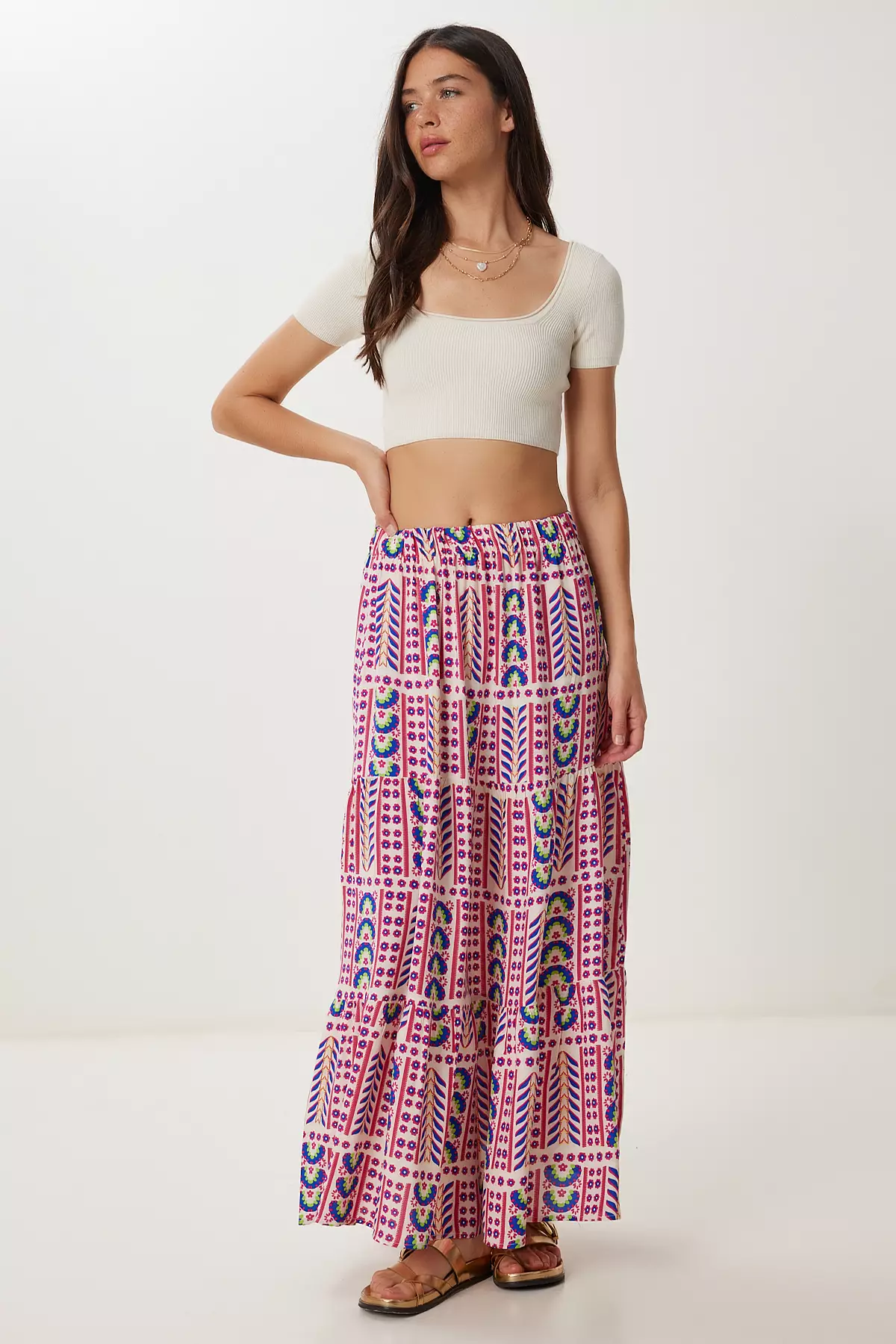 Buy Happiness Istanbul Women's Pink Bone Patterned Flounced Summer ...