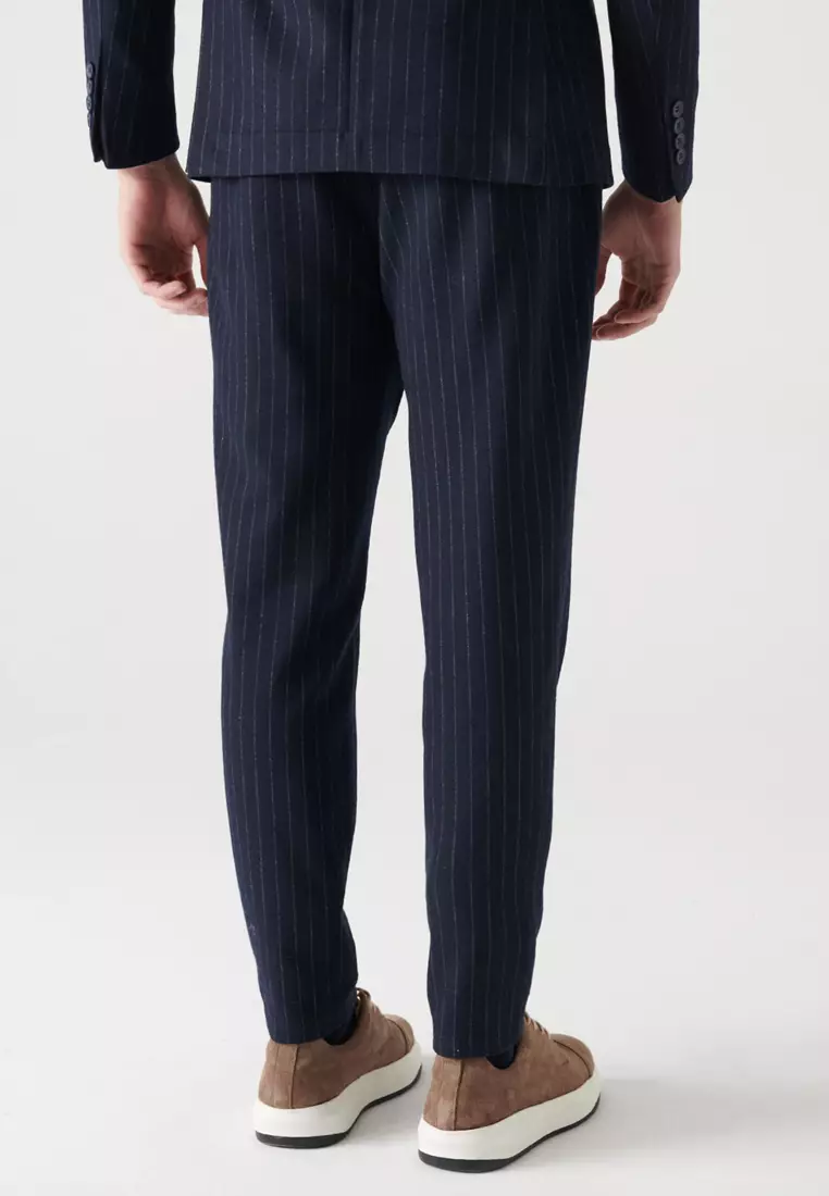 Jual Avva Mens Navy Blue Wool Pleated Pleated Stripe Relaxed Fit Casual ...