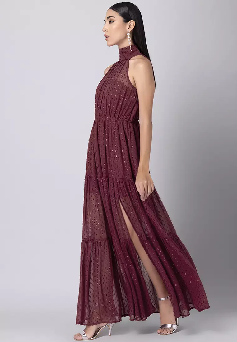 Buy Faballey Maroon Halter Neck Maxi Dress Online Zalora Malaysia