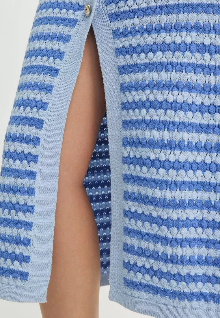 Buy Pomelo Striped Button Front Knit Polo Midi Dress - Aqua Blue 2026 ...