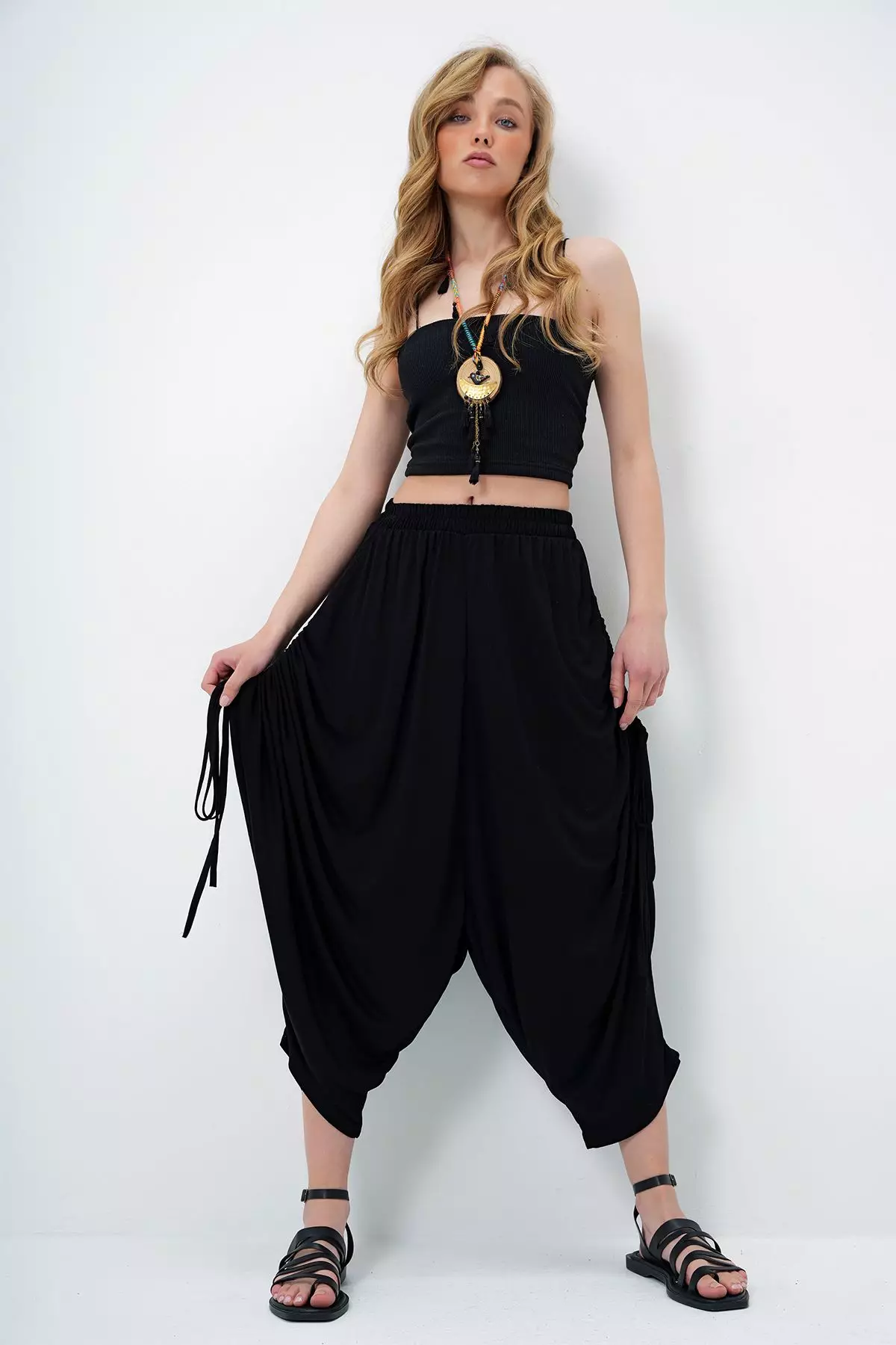 Buy Alacati Women's Black Summer Baggy Trousers with Side Lacing Detail ...