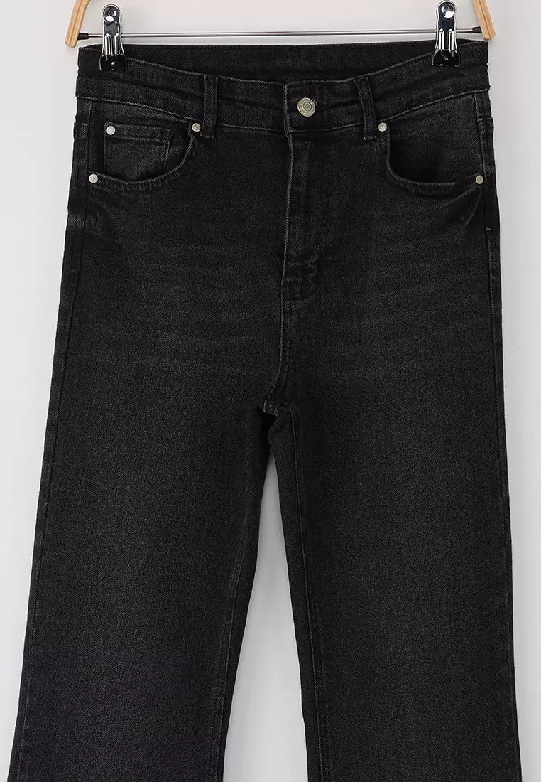 Buy Trendyol Black Slit Detailed High Waist Flare Jeans 2026 Online ...