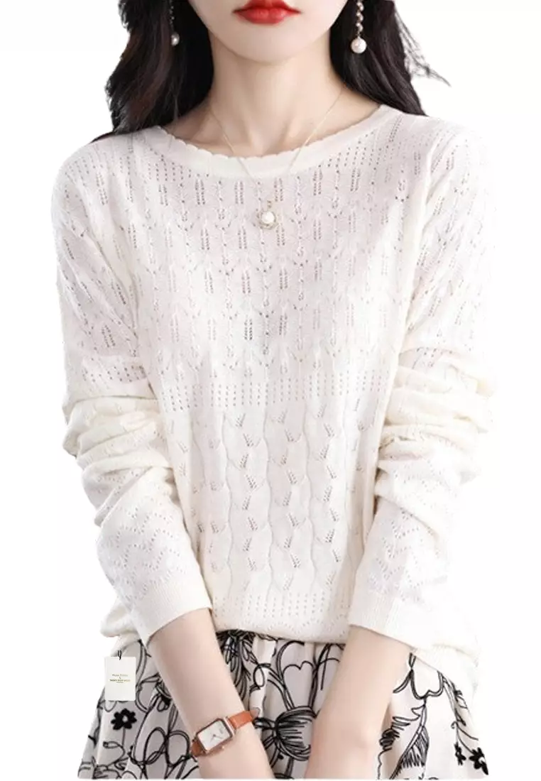 HAPPY FRIDAYS Artificial Wool Hollow Out Pattern Long Sleeves Pullover ...