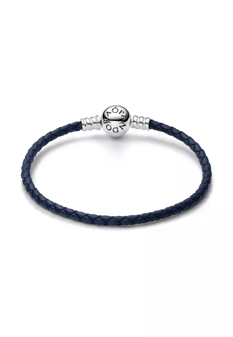 Buy PANDORA Pandora Moments Round Clasp Blue Braided Leather Bracelet ...
