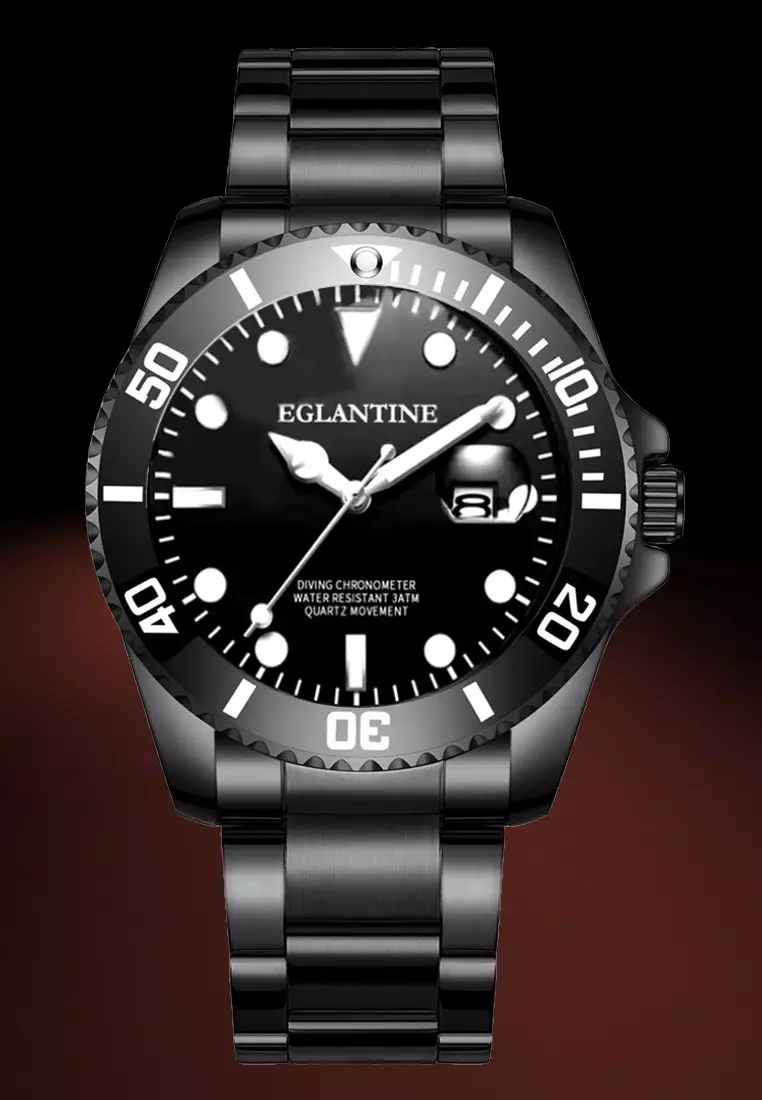 Buy EGLANTINE Diver's Watch, IP Black Metal Case and Bracelet, Black ...