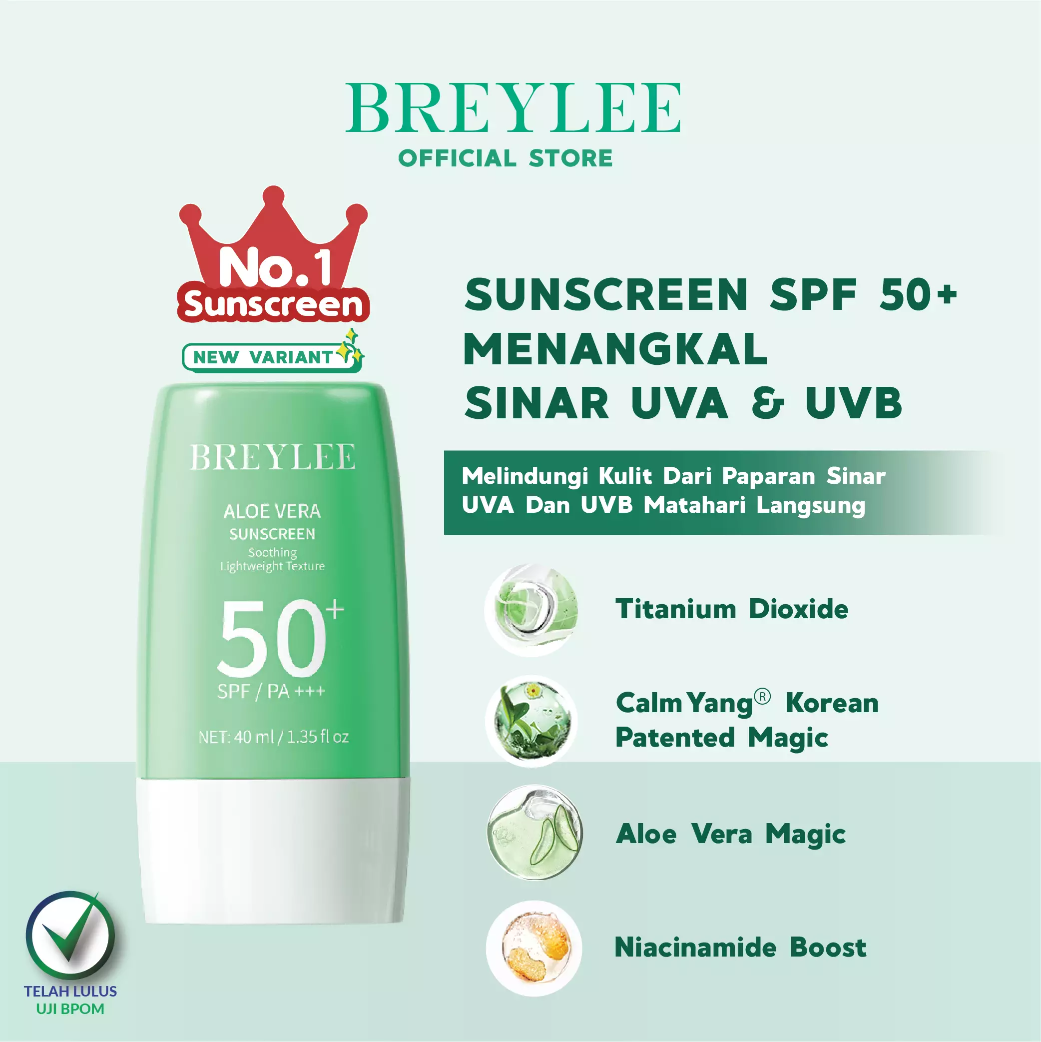 Jual Breylee BREYLEE UV Sunscreen Cream - Aloe Vera (40ml) Original ...