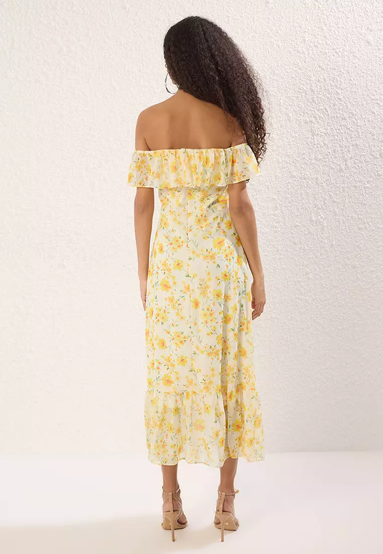 Buy Trendyol Yellow Floral Skirt Waist Opening Ruffle Chiffon Flight ...