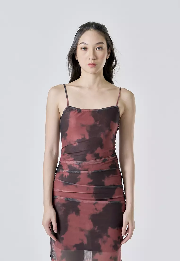 Buy Love, Ara Lanna Multi Color Print Mesh Ruched Cami Midi Dress 2025 ...