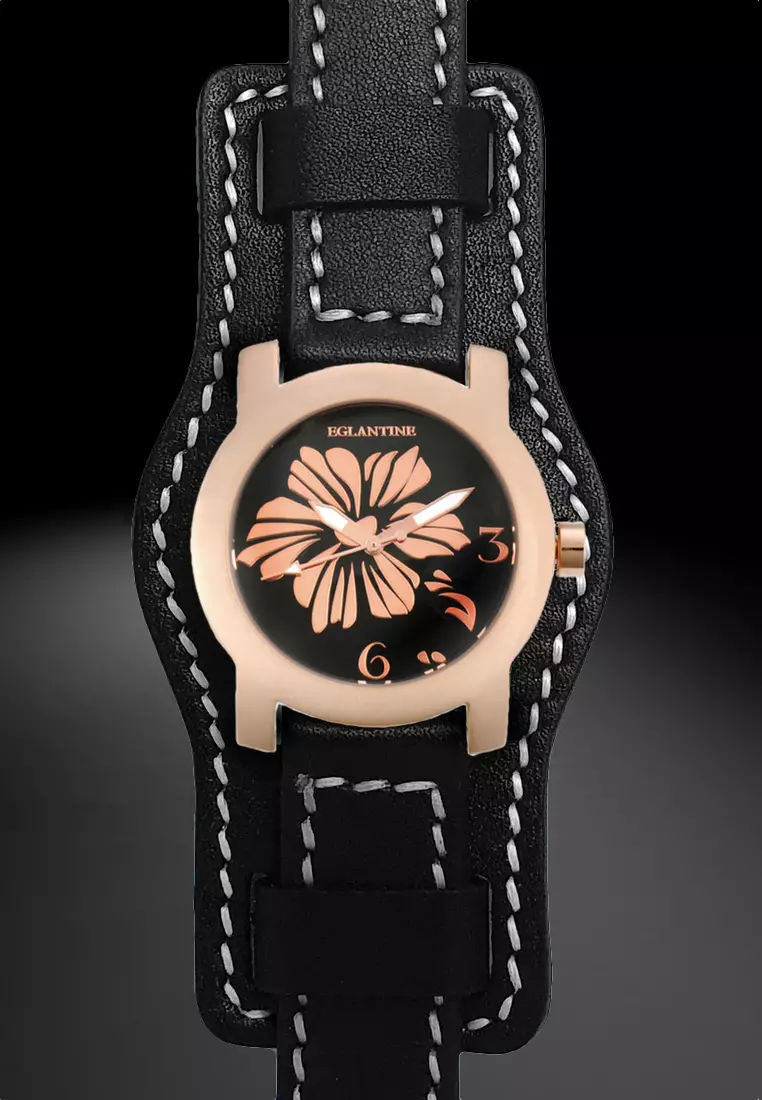 Buy EGLANTINE Bauhinia Ladies Steel Quartz Watch, Black Leather Strap ...