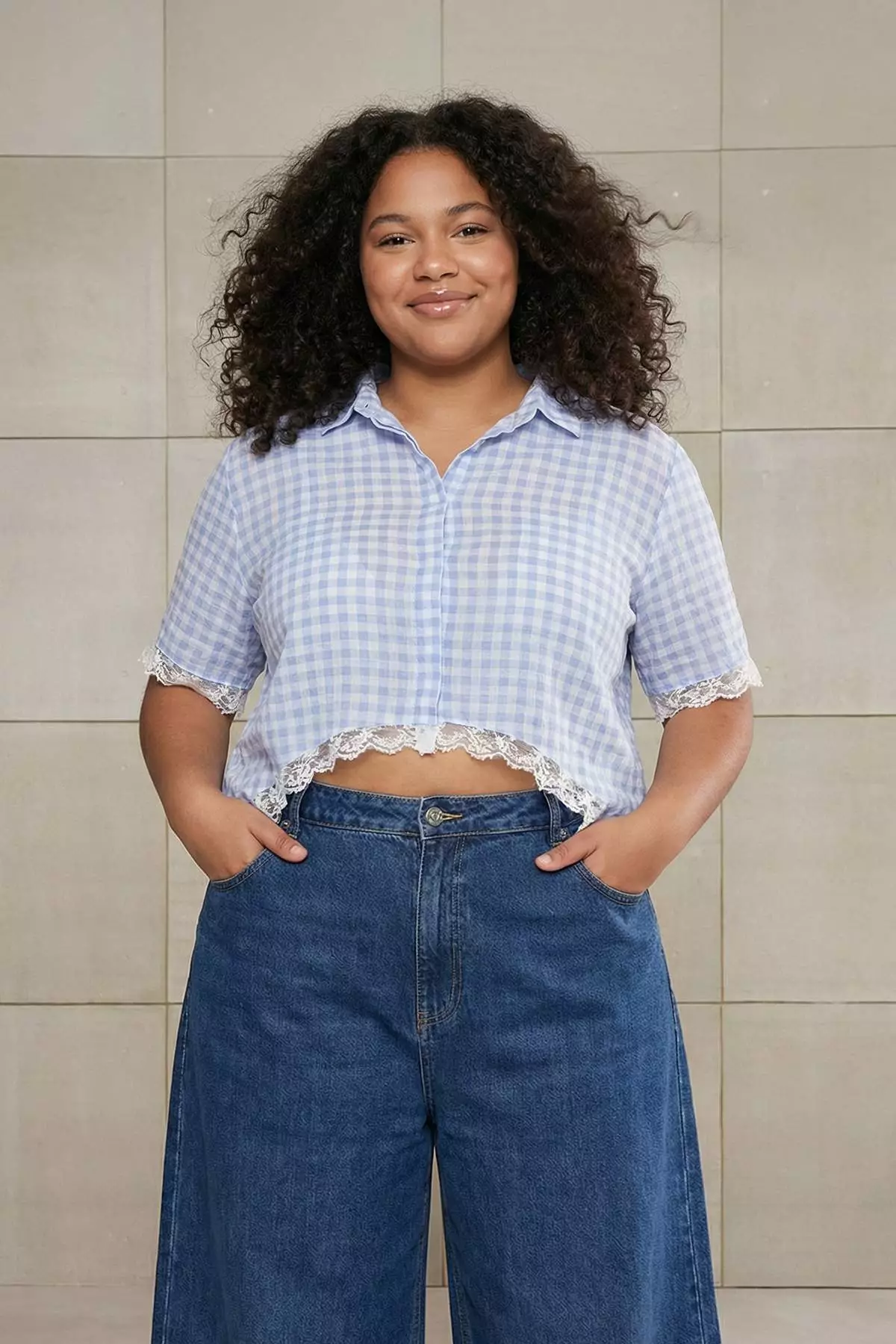 Buy Trendyol Teen Blue Voile Plaid / Checked Sheer Woven Large Size ...