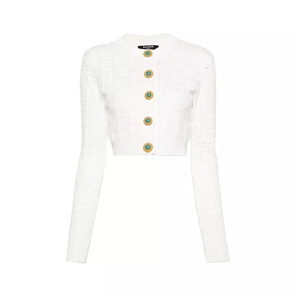 Jual Balmain Monogram Mesh Knit Cropped Cardigan White Original 2025 ...