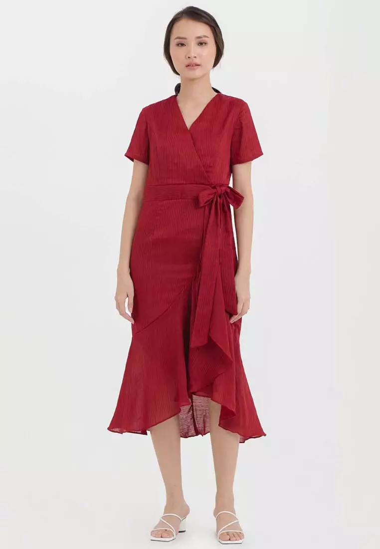 Jual Cloth Inc Pleat Overlap Ruffle Wrap Dress in Maroon Original 2024 ...