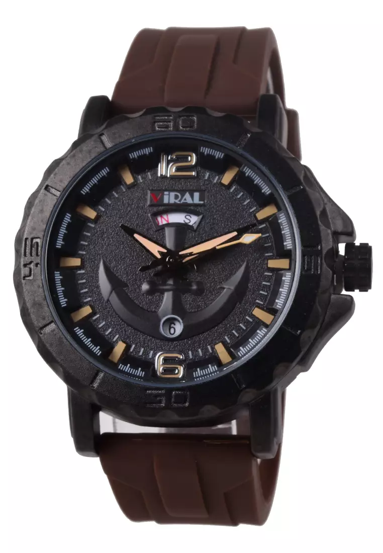 Jual Viral Viral Jam Tangan Analog Pria - Black Case Brown Rubber Strap ...