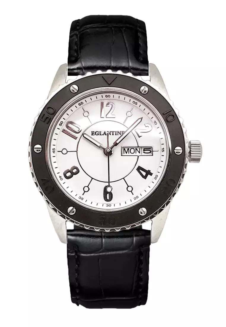 Buy EGLANTINE 38mm Steel Quartz Watch, Day/Date, White Dial, Black ...