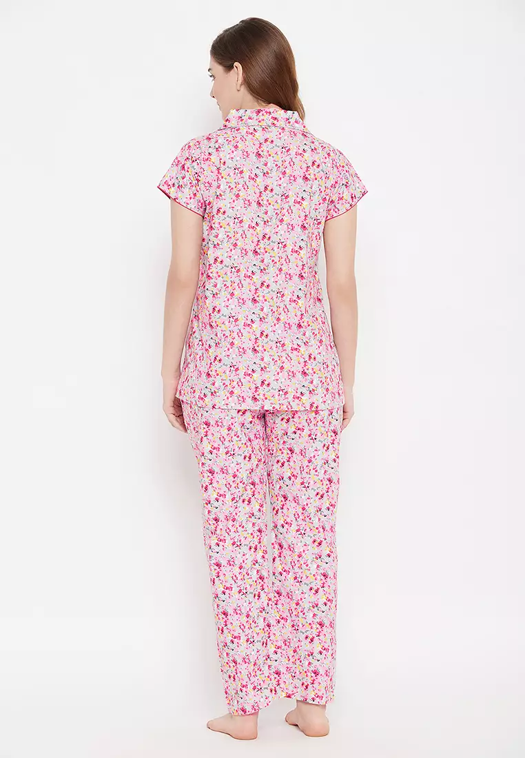 Clovia Clovia Print Me Pretty Button Down Shirt & Pyjama Set in Pink ...