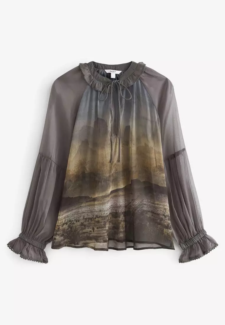 Buy Next Long Sleeve V Neck Sheer Blouse With Lace Trim Detail 2024