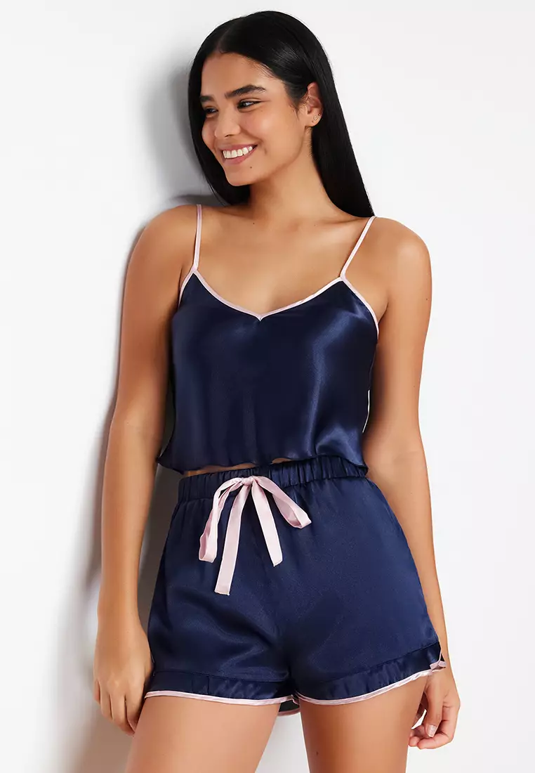 Jual Trendyol Navy Blue Piping and Tie Detailed Rope Strap Satin Pajama ...