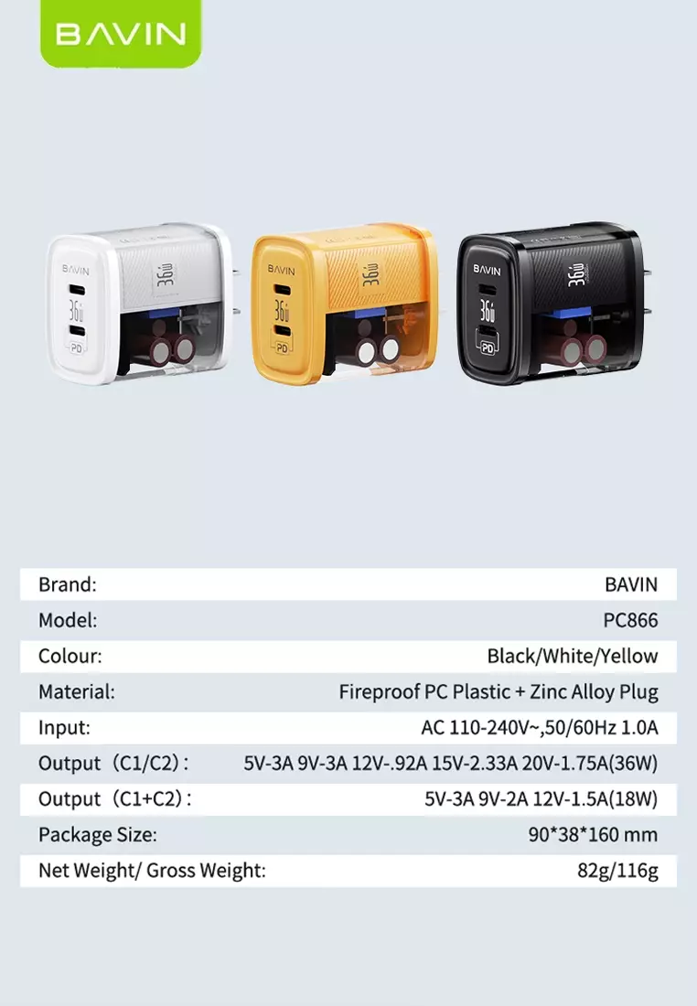 Buy BAVIN BAVIN PC866 36W Fast Charging Charger Dual PD Type-C Port ...