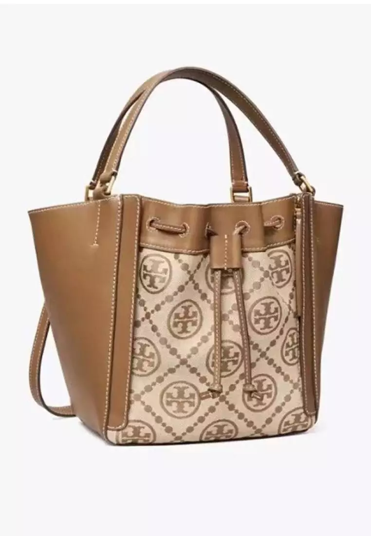 Jual Tory Burch Tory Burch Mcgraw Monogram Jacquard Drawstring Satchel Hazelnut Original 2025 ...