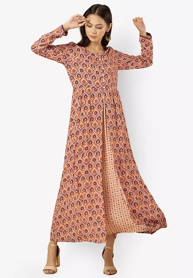 Buy Indya Peach Floral Double Layer Maxi Tunic Online | ZALORA Malaysia