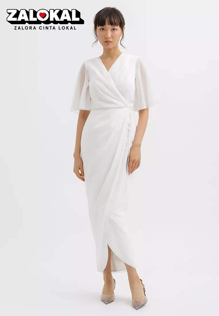 Jual Cloth Inc Drapery Sleeve Overlap Tulip Midi Dress in White ...