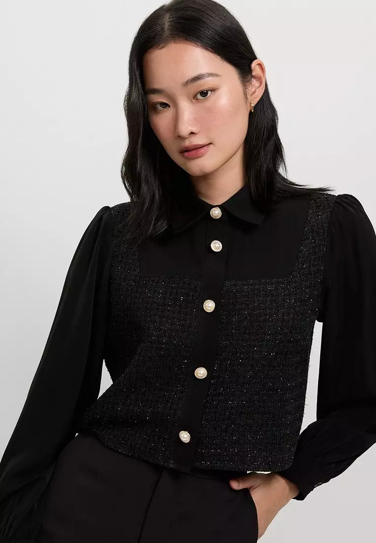 Buy Pomelo Tweed Pearl Button Top - Black Online | ZALORA Malaysia