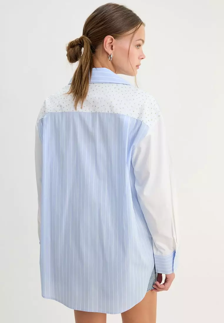 Buy Pomelo Striped Floral Panel Shirt - Blue 2026 Online | ZALORA