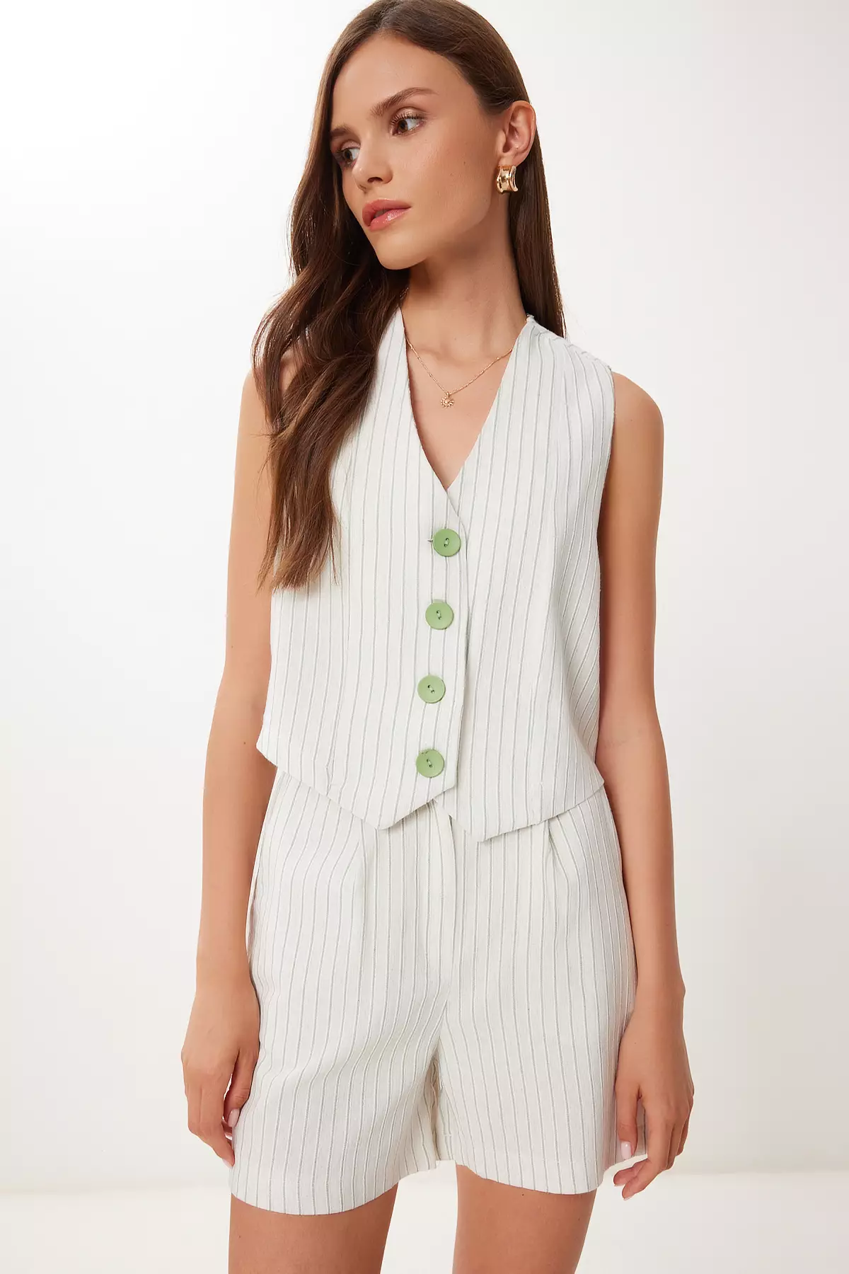 Buy Happiness Istanbul Women's Cream Green Striped Linen Vest Shorts ...