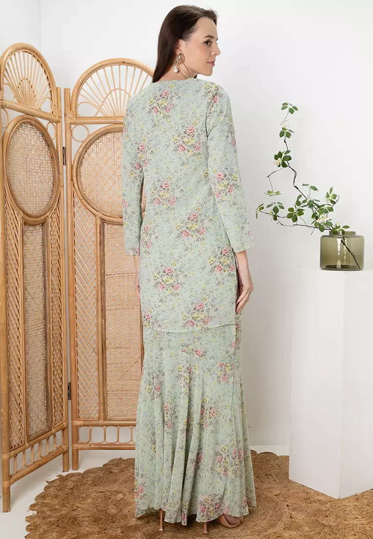 Buy Era Maya ARIEL Sage Green Floral Baju Kurung Moden Princess Kain Kembang Payung Online ...
