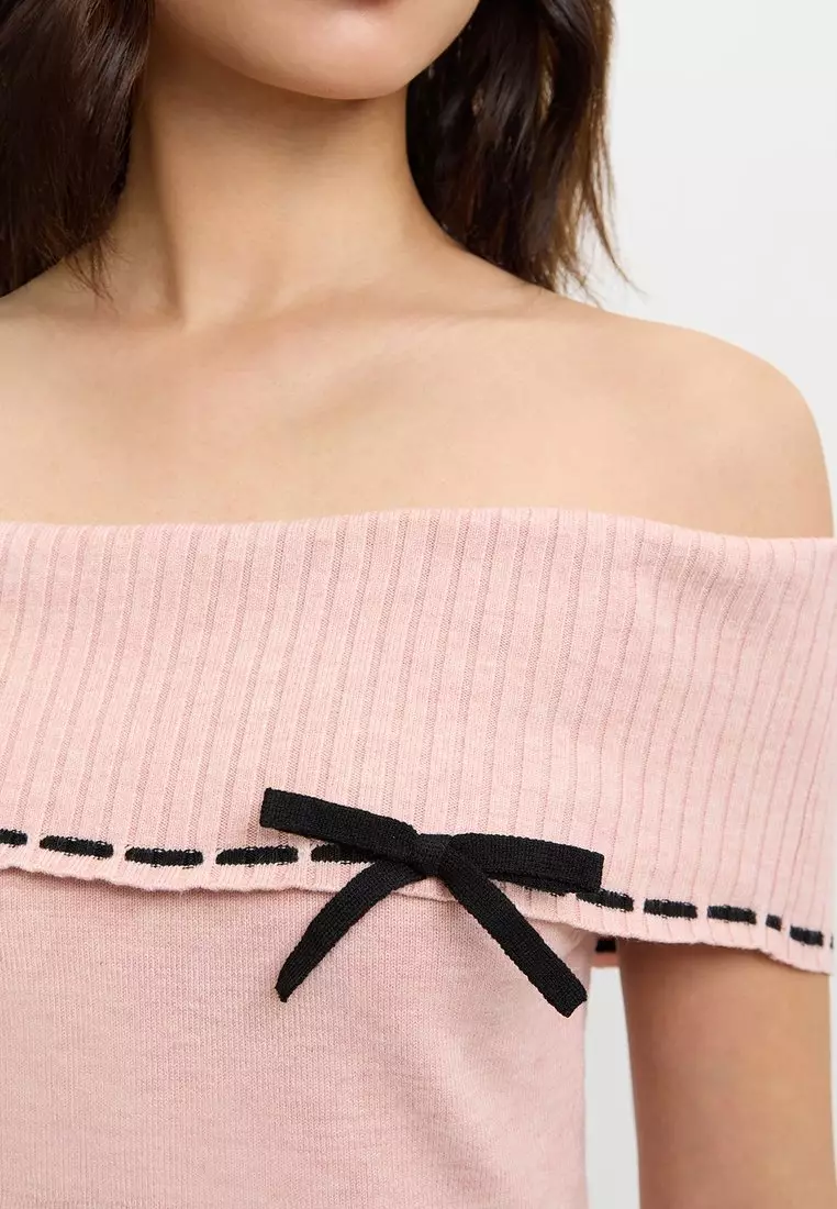Buy Pomelo Tie-Front Off-Shoulder Ribbon Trim Knitted Top - Pink 2026 ...