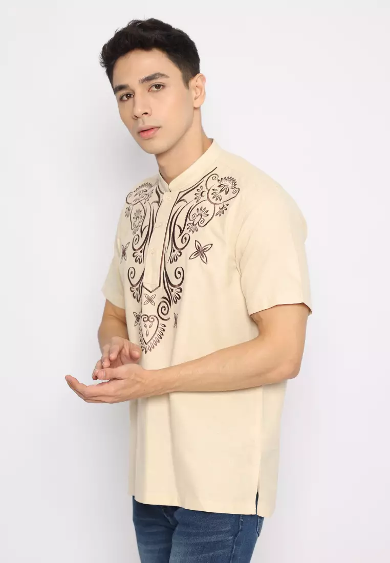 Jual Hassenda Koko Linen Border Pria Lengan Pendek Al-Karim Creme ...