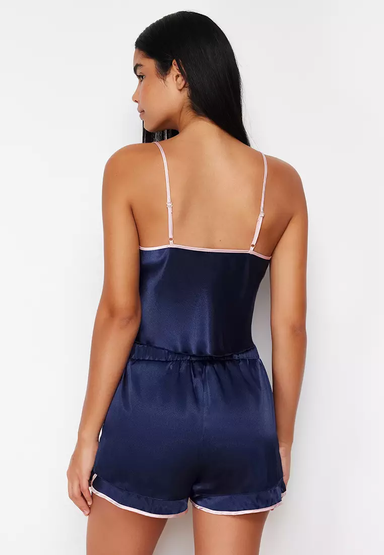 Jual Trendyol Navy Blue Piping and Tie Detailed Rope Strap Satin Pajama ...