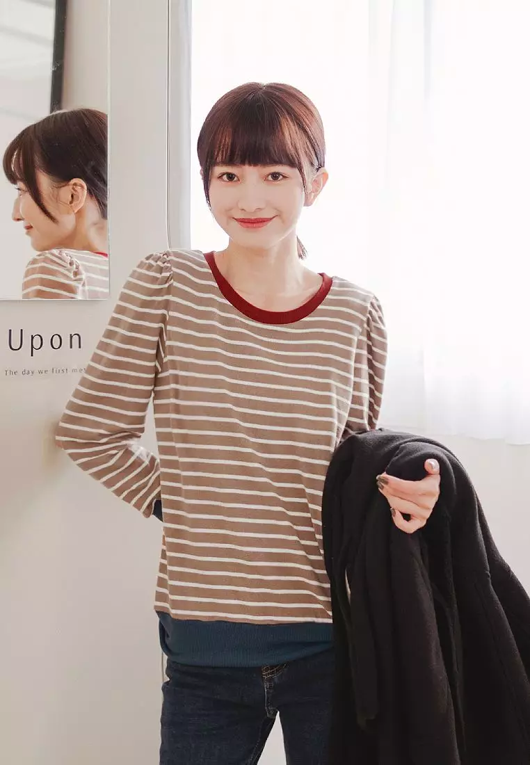 Buy OBSTYLE Striped Fine-Knit Long-Sleeve Top with Colorblock Rib ...