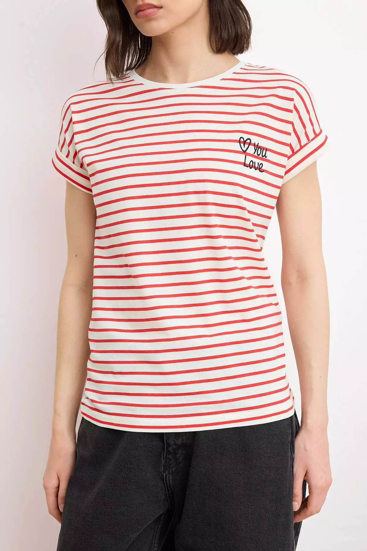 Buy Trendyol Red Striped Regular/Normal Fit Slogan Embroidered Knitted ...