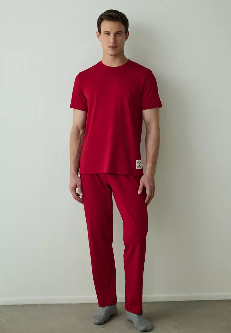 Buy Penti Burgundy Men's Slogan Printed Short Sleeve Cotton Pajama Set ...