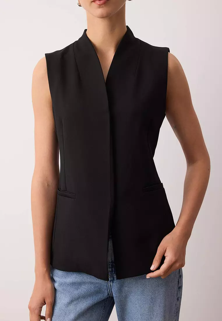 Buy Trendyol Black Hidden Button Stand-Up Collar Woven Vest 2026 Online ...