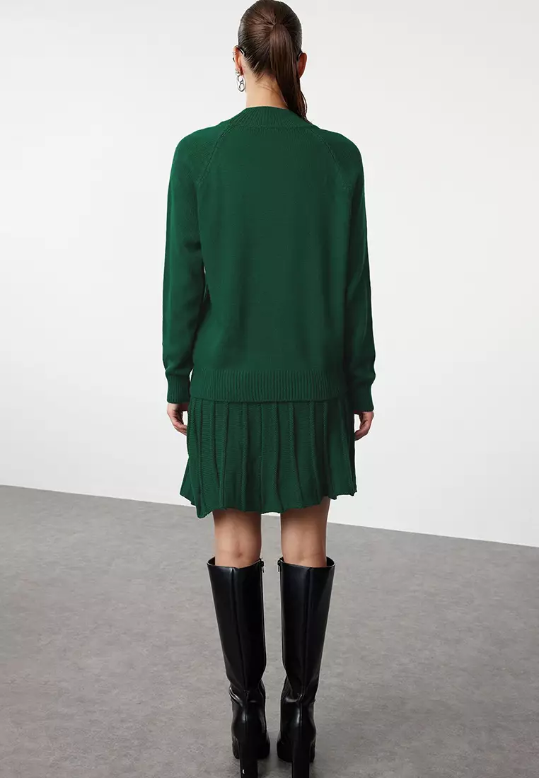 Buy Trendyol Emerald Green Pleated Skirted Knitwear Top-Bottom Set ...