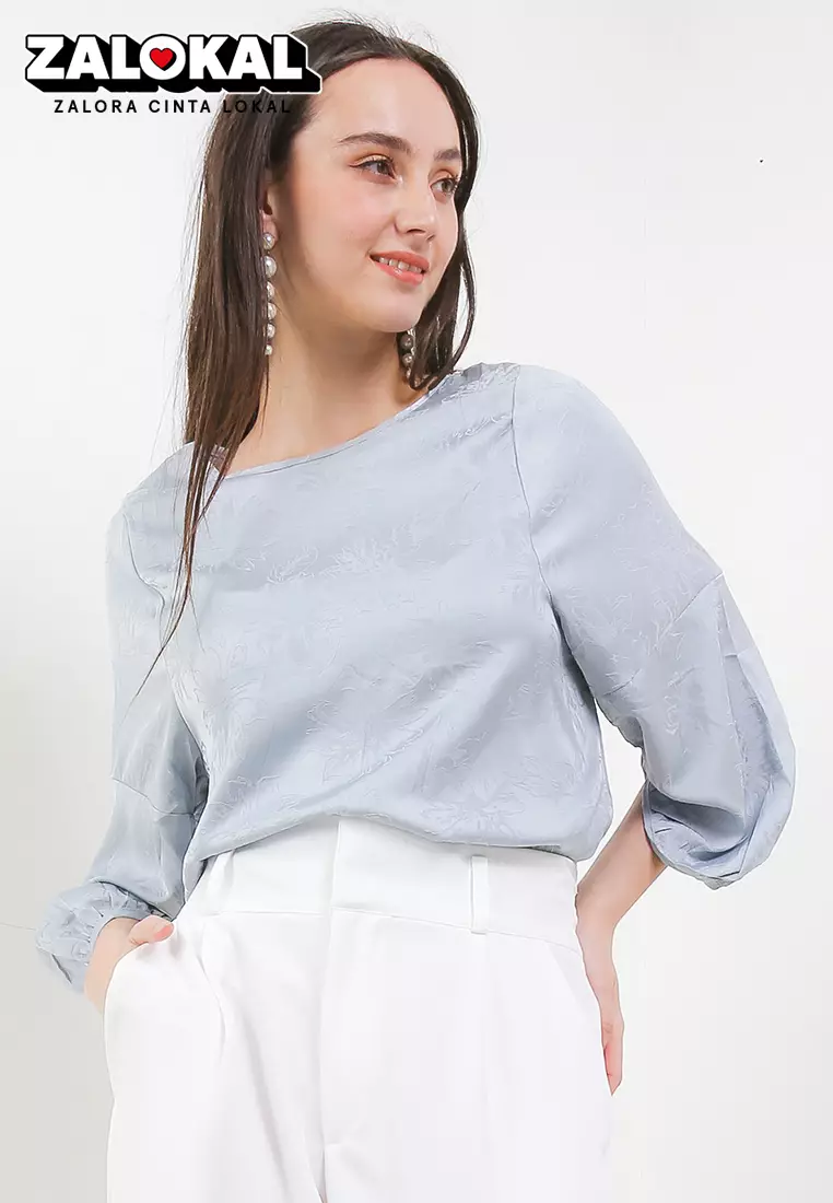 Jual Icons Lantern Sleeves Jacquard Blouse Original 2024 Zalora