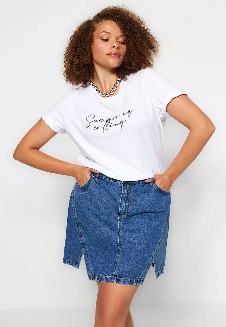 Jual Trendyol Plus Size Double Slit Denim Mini Skirt Original 2024