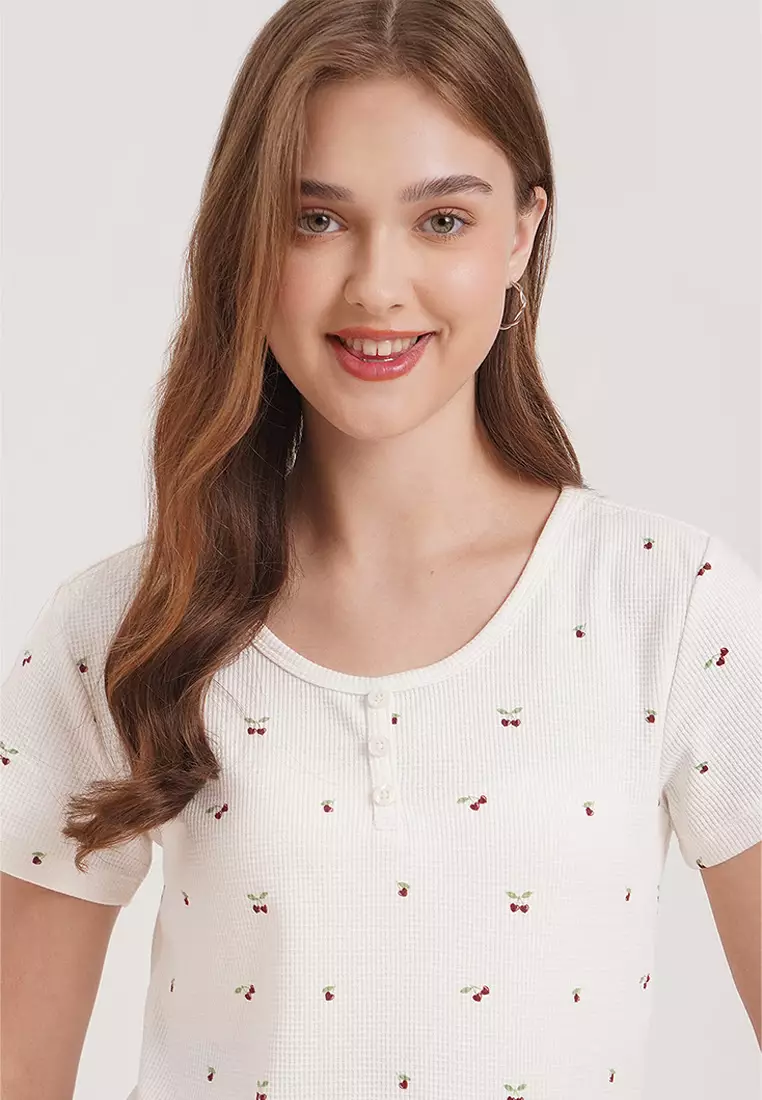 Buy Penshoppe Cherry All-Over Printed Henley Regular Fit Top 2025 ...