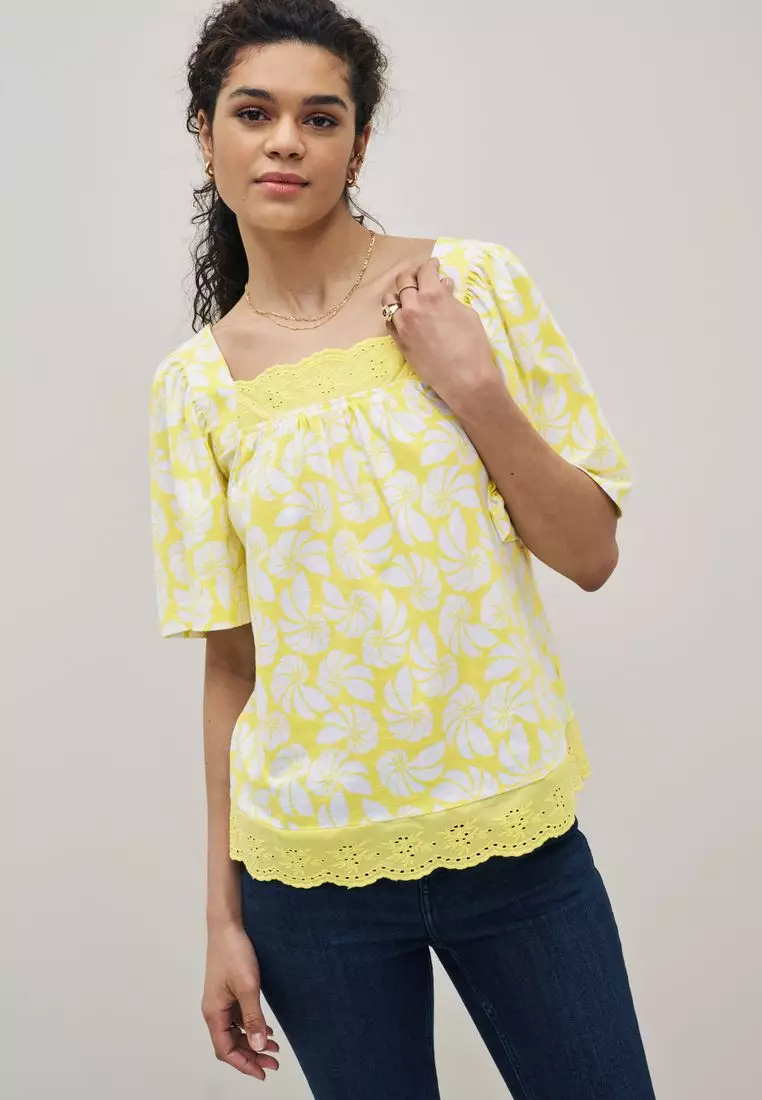 Buy NEXT Square Neck Short Sleeve Broderie Trim Top Online | ZALORA ...