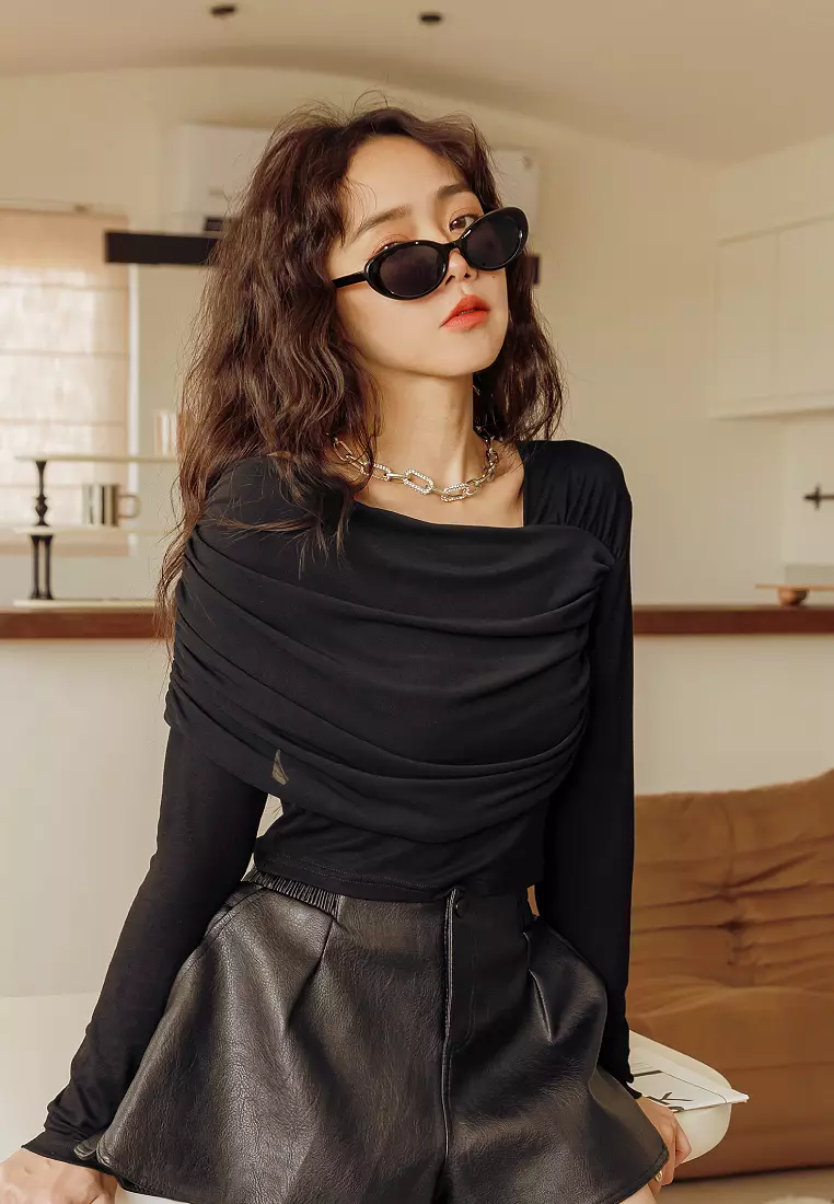 Buy OBSTYLE Asymmetrical Off-shoulder Wrinkle Spliced Mesh Slim Fit Top ...