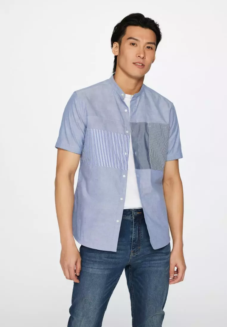 Buy G2000 Easy Care Stand Collar Blocking Oxford Casual Shirt 2024