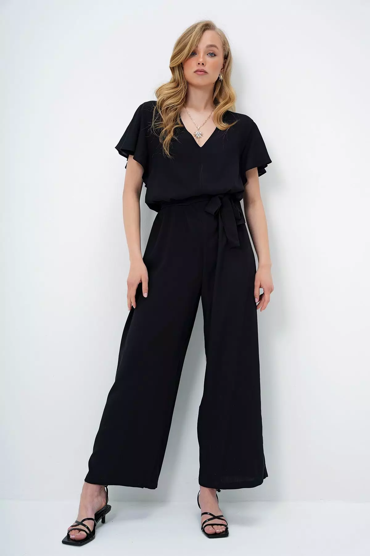 Buy Alacati Women's Black V-Neck Flared Sleeves Self Belted Woven Summer Jumpsuit Alc-X13787 ...