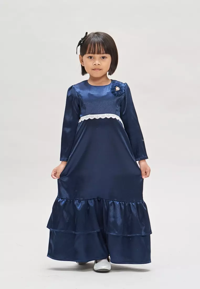 Buy Loveaisyah Girl Navy Blue Dress with Flower Brooch Baju Hari Raya ...