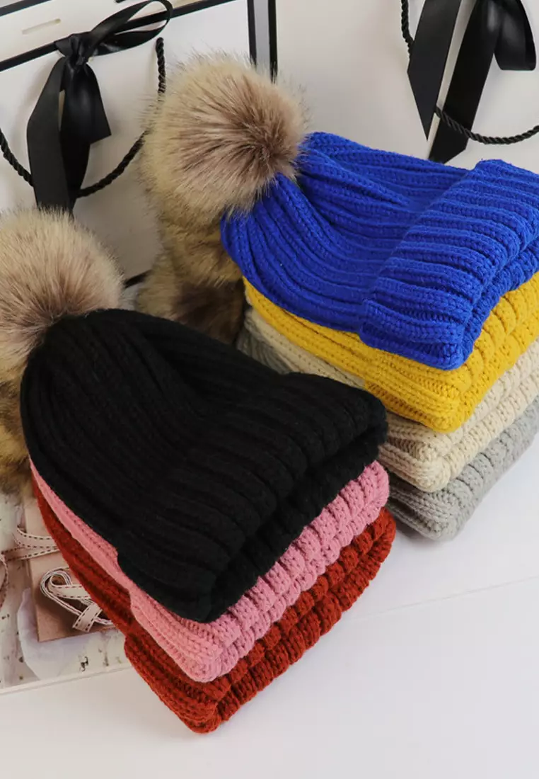 Buy ZITIQUE Imitation of fox plush ball knitting cap 2024 Online | ZALORA Philippines