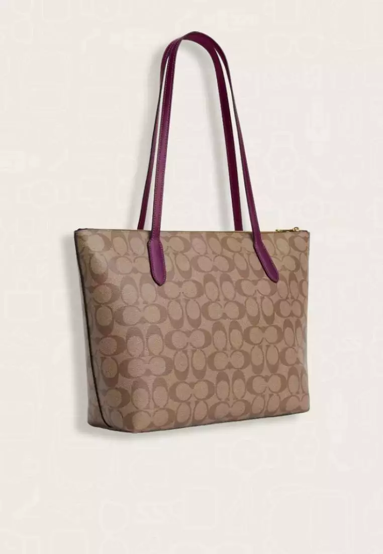 Jual Coach Coach Zip Top Tote In Signature Canvas Khaki Deep Berry ...